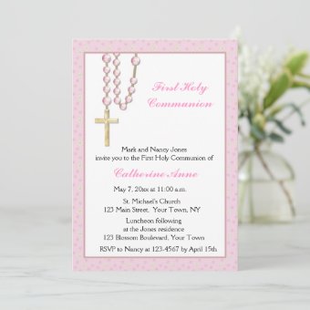 Pink Rosary Beads, Floral, Religious Invitation | Zazzle