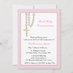 Pink Rosary Beads, Floral, Religious Invitation | Zazzle