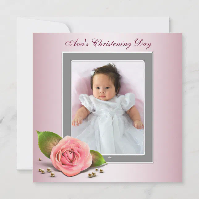 Pink Rose Baby Girl Photo Christening Invitation | Zazzle