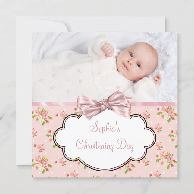 Pink Rose Baby Girl Photo Christening Invitation | Zazzle