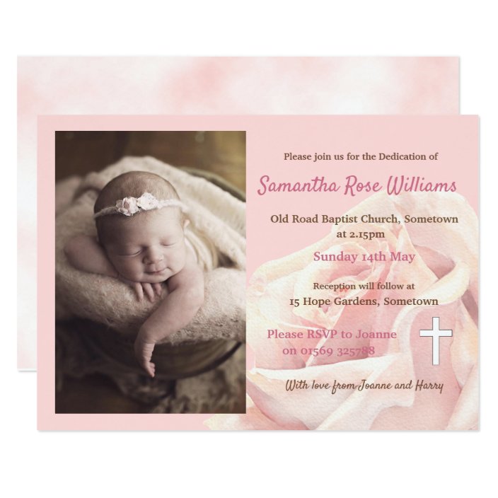 Pink rose baby girl photo Dedication Invitation | Zazzle.com