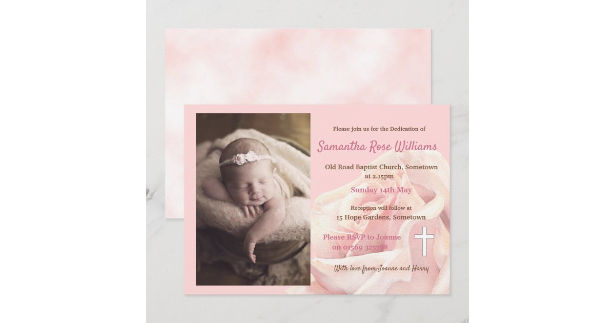Pink rose baby girl photo Dedication Invitation | Zazzle