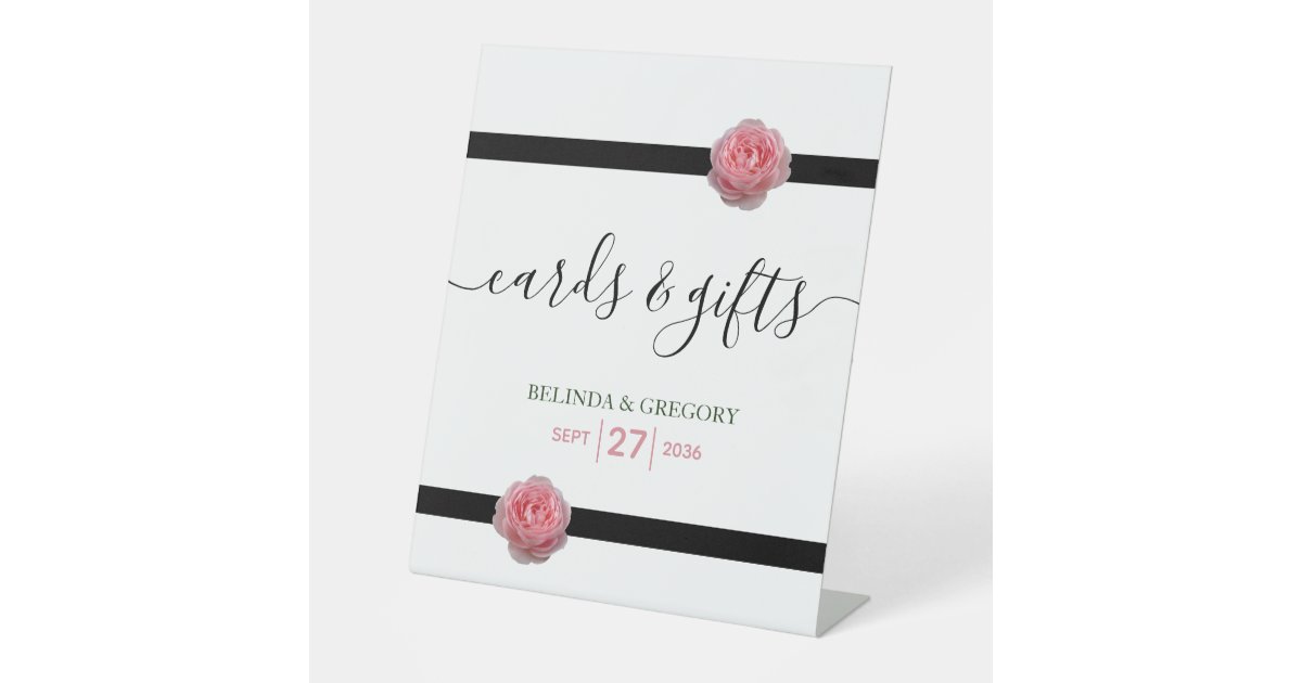 Pink Rose Black Ribbon Wedding Cards & Gifts Pedestal Sign | Zazzle