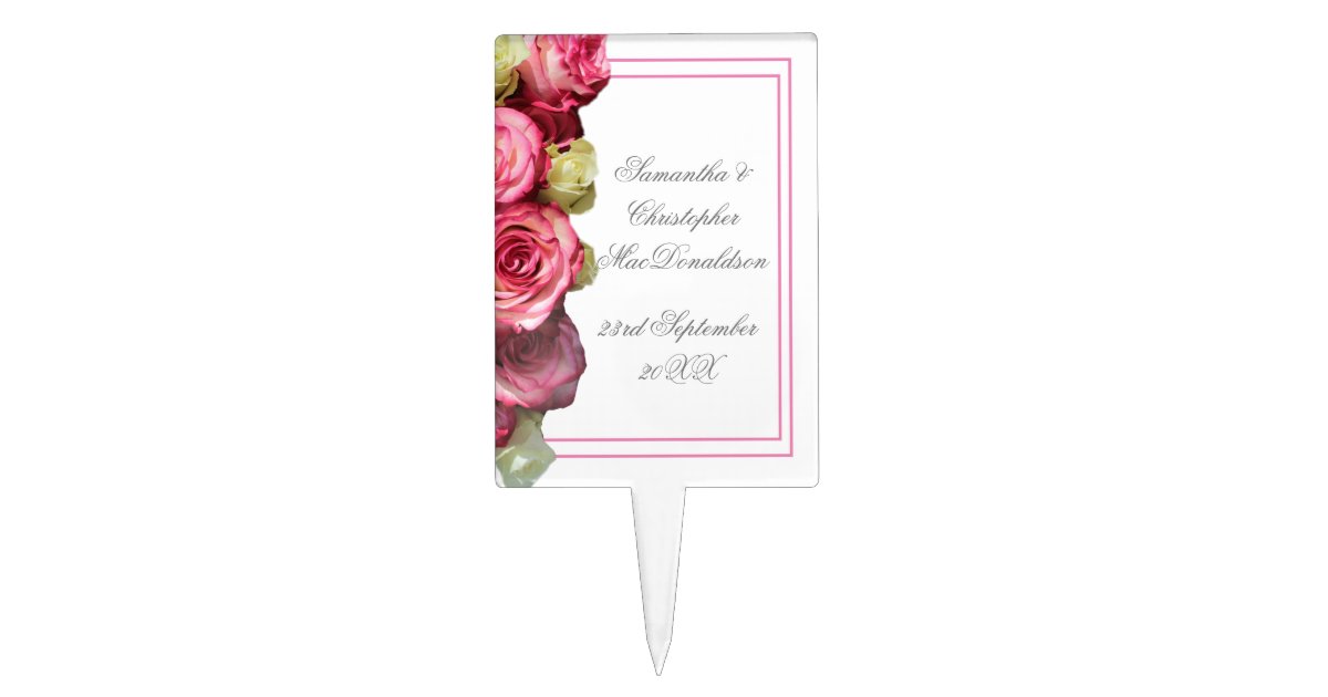 Pink rose border floral bouquet wedding cake topper | Zazzle