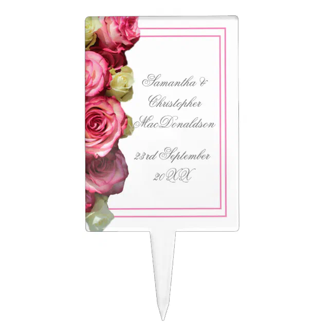 Pink rose border floral bouquet wedding cake topper | Zazzle