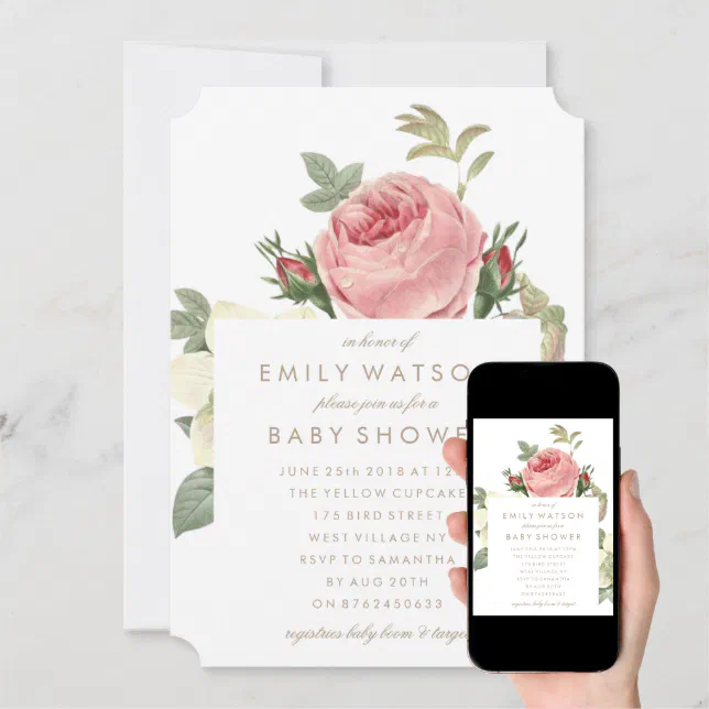 Pink Rose Bouquet Flower Baby Shower Invitation | Zazzle