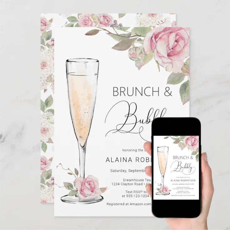 Pink Rose Bridal Brunch and Bubbly Mimosa Invitation | Zazzle