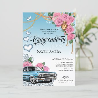 Pink Rose Classic Blue Lowrider Chola Quinceanera Invitation | Zazzle
