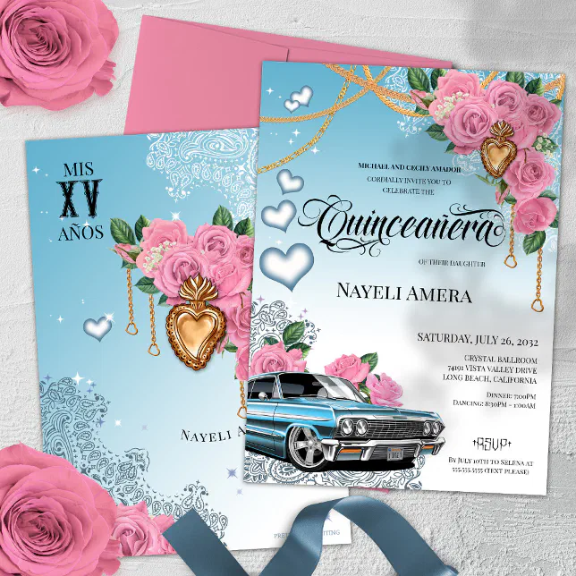 Pink Rose Classic Blue Lowrider Chola Quinceanera Invitation | Zazzle