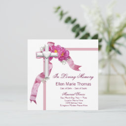 Pink Rose Cross In Loving Memory Memorial Invitation | Zazzle