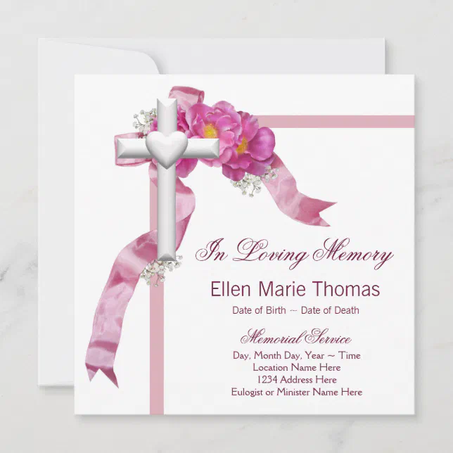 Pink Rose Cross In Loving Memory Memorial Invitation | Zazzle