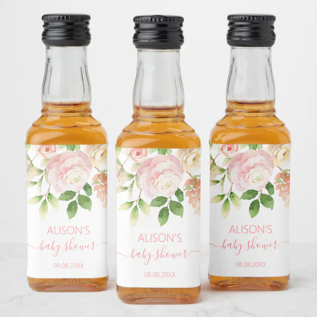 Pink Rose Elegant Floral Girl Baby Shower Mini Liquor Bottle Label | Zazzle
