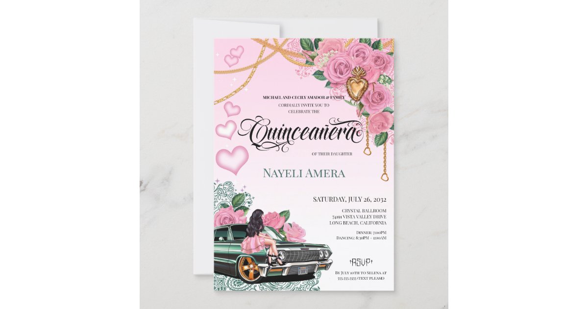Pink Rose Emerald Green Lowrider Chicana Quince Invitation | Zazzle