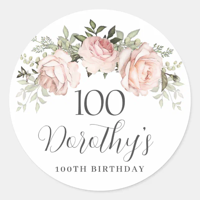 Pink Rose Floral 100th Birthday Classic Round Sticker | Zazzle