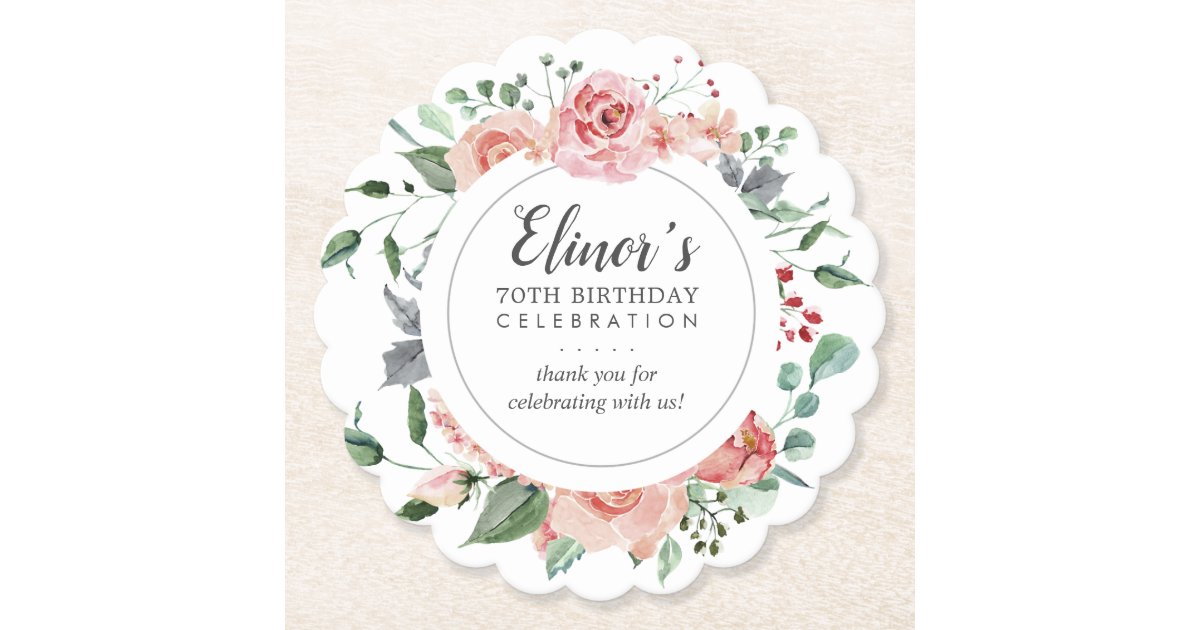 Pink Rose Floral 70th Birthday Thank You Paper Coaster | Zazzle