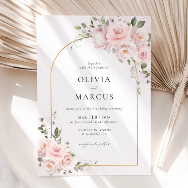 Pink Rose Floral Arch Elegant Wedding Invitation | Zazzle