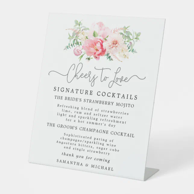 Pink Rose Floral Cocktails Wedding Bar Sign | Zazzle