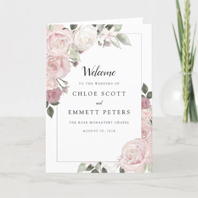 Pink Rose Floral Elegant Wedding Booklet Program | Zazzle