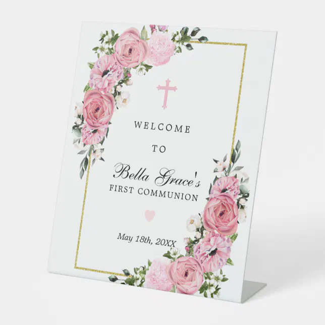 Pink Rose Floral First Communion Welcome Pedestal Sign | Zazzle