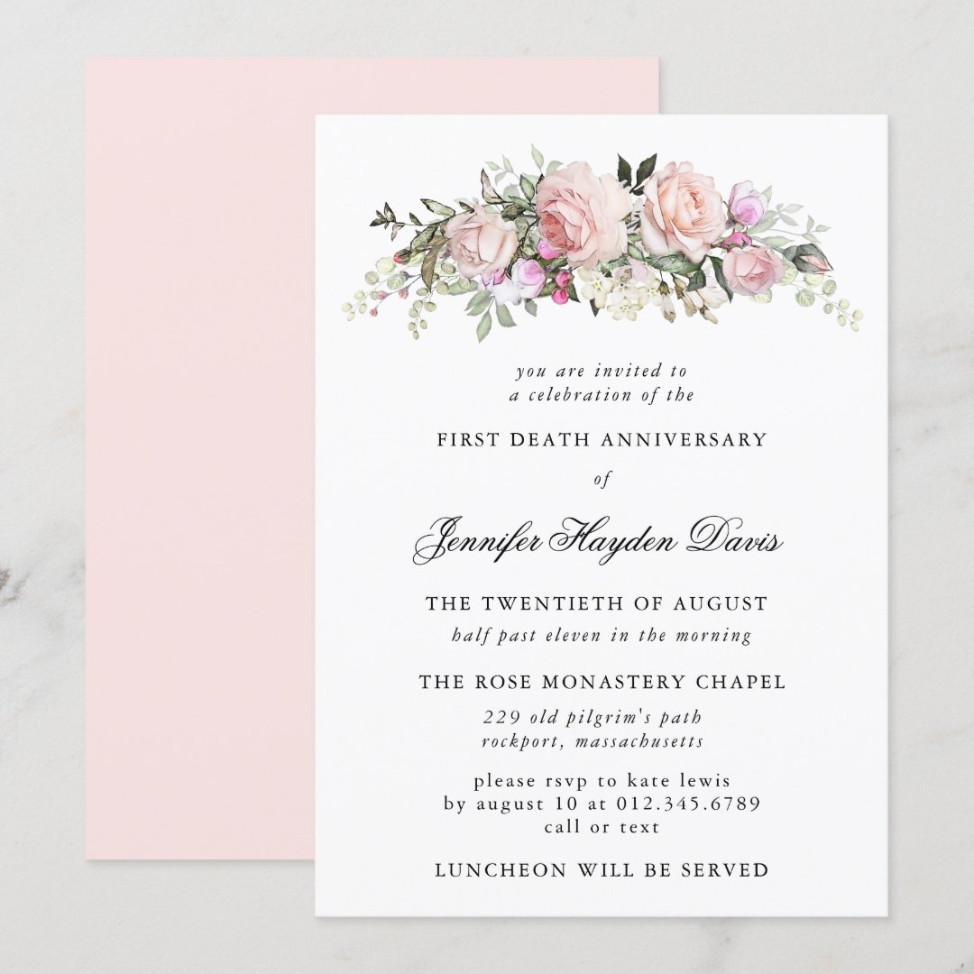 Pink Rose Floral First Death Anniversary Invitation | Zazzle