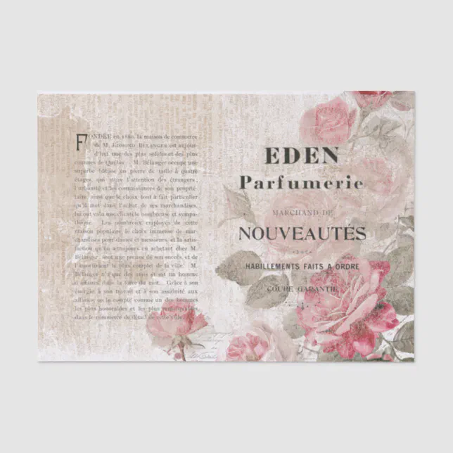 Pink Rose Floral French Script Shabby Decoupage Tissue Paper | Zazzle