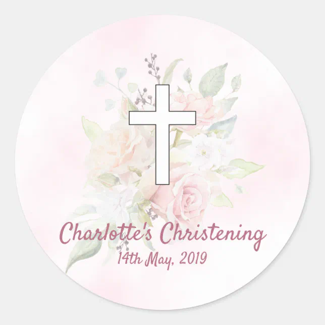 Pink rose floral girl Christening Classic Round Sticker | Zazzle