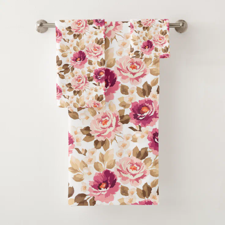 Pink Rose Floral Pattern Bath Towel Set | Zazzle