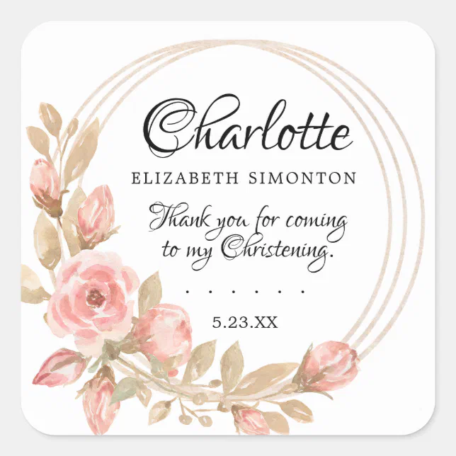 Pink Rose Floral Personalized Christening Square Sticker | Zazzle