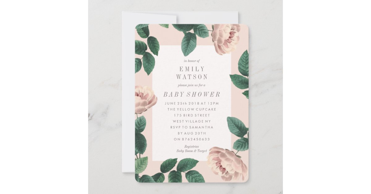 Pink Rose Flower Frame Baby Shower Invitation | Zazzle