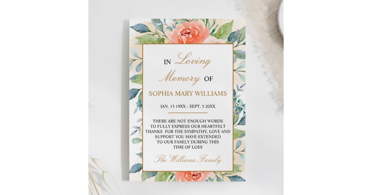 Pink Rose Flowers Sympathy Memory Thank You Card | Zazzle