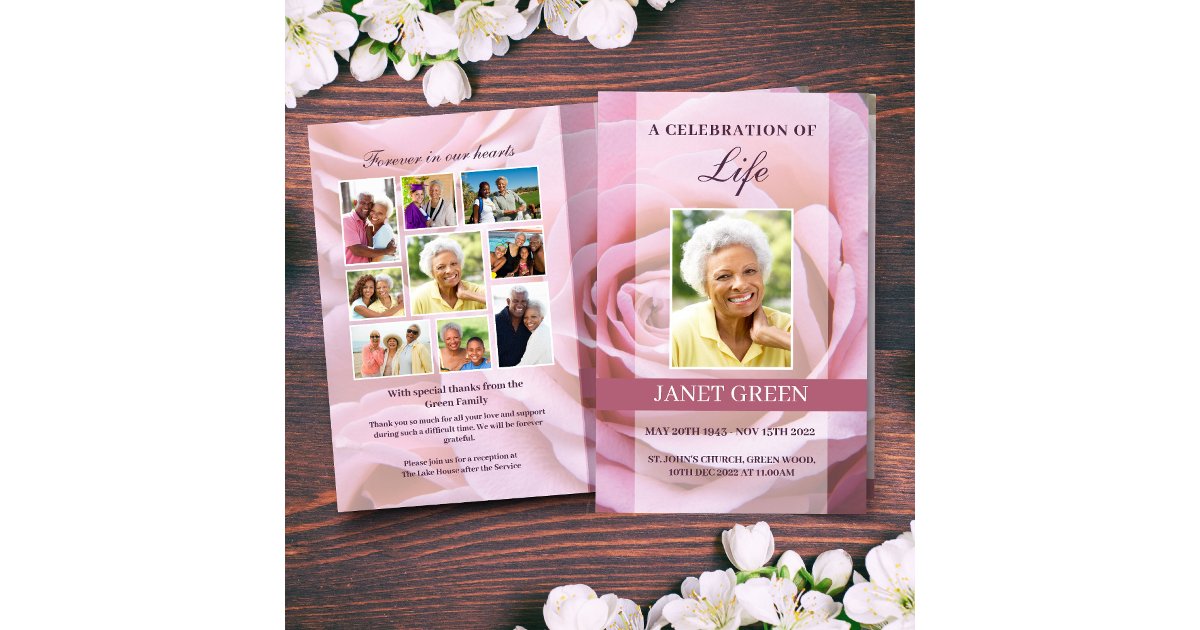 Pink Rose Funeral Program Template | Zazzle