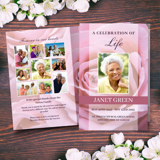Pink Rose Funeral Program Template | Zazzle