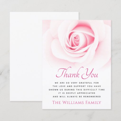 Pink rose funeral sympathy thank you card | Zazzle