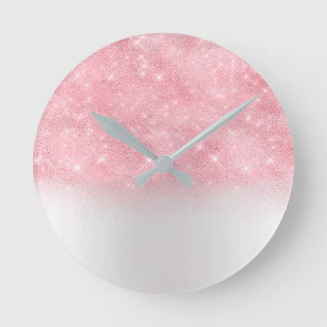 Pink Rose Glitter Metal Gray Silver Sparkly Abstra Round Clock | Zazzle