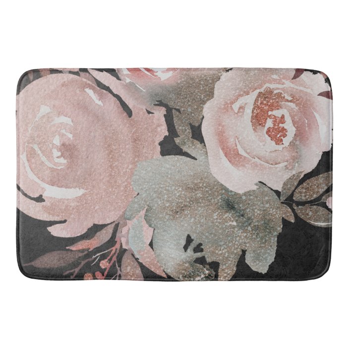 Pink Rose Glitter Roses Dark Floral Glam Elegant Bath Mat | Zazzle.com