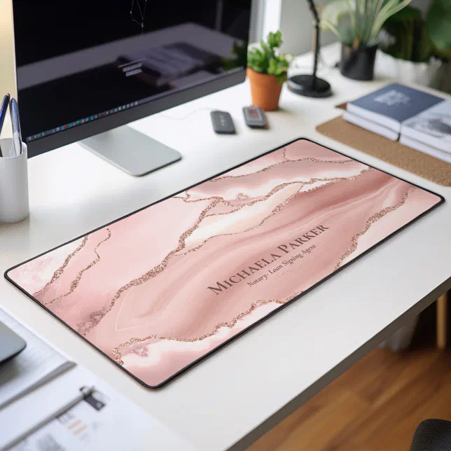 Pink Rose Gold Agate Geode Glitter Glam Business Desk Mat | Zazzle