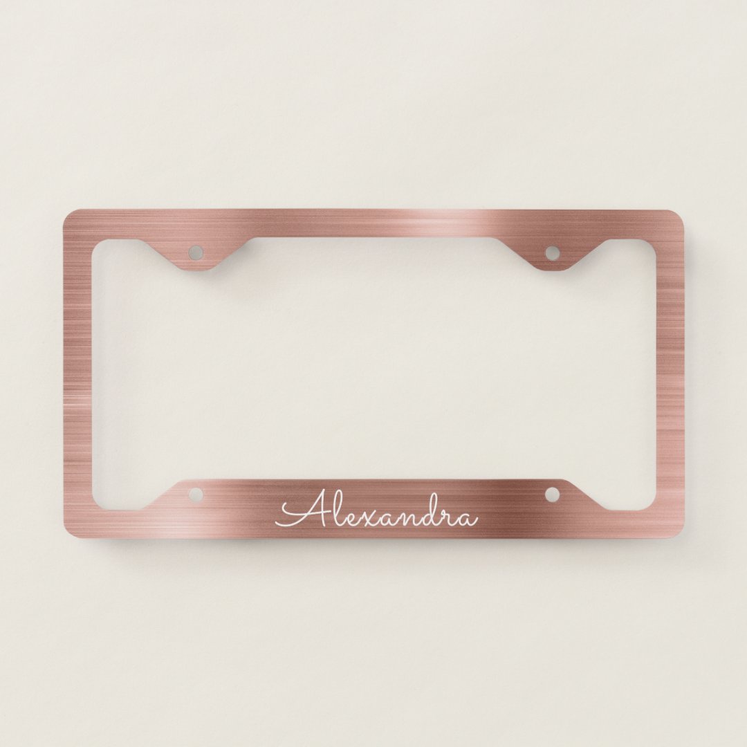 Pink Rose Gold Brushed Metal Monogram License Plate Frame | Zazzle