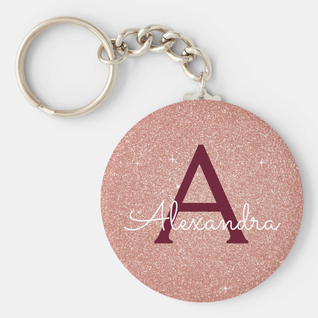 Pink Rose Gold Burgundy Glitter & Sparkle Monogram Keychain | Zazzle