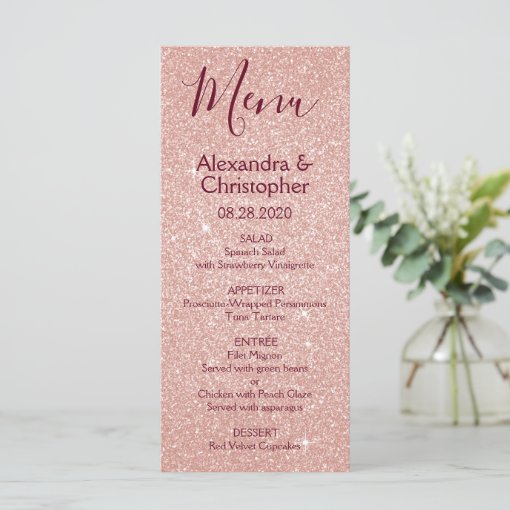Pink Rose Gold Burgundy Glitter Wedding Menu | Zazzle