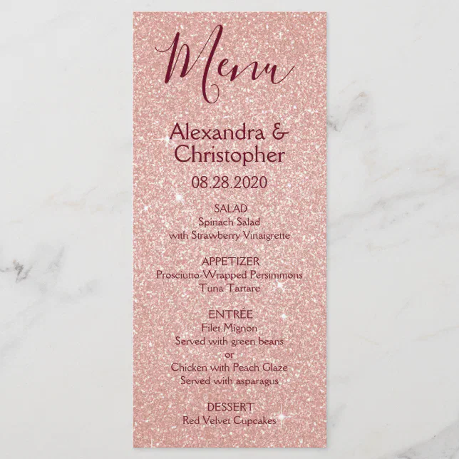 Pink Rose Gold Burgundy Glitter Wedding Menu | Zazzle