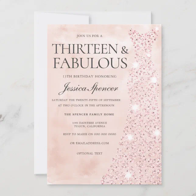 Pink Rose Gold Dress 13 & Fabulous 13th Birthday Invitation | Zazzle