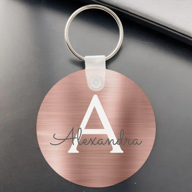 Pink Rose Gold Faux Stainless Steel Monogram Keychain | Zazzle