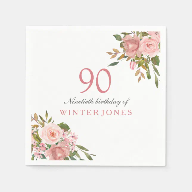 Pink Rose Gold Flowers 90th Birthday Party Napkins | Zazzle