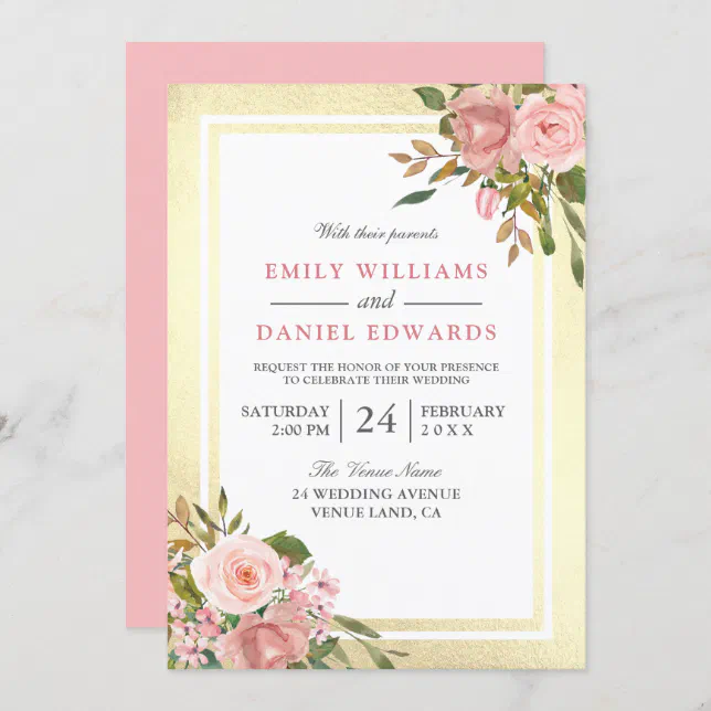Pink Rose Gold Flowers Golden Border Wedding Invitation | Zazzle