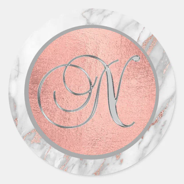 PINK ROSE Gold FOIL Marble Monogram LETTER 'N' Classic Round Sticker ...