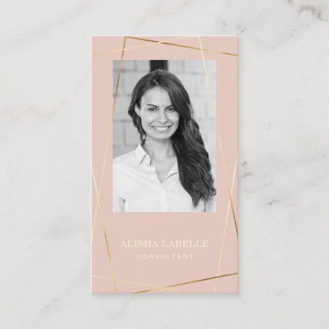 Pink Rose & Gold Geometric Photo Layout & Monogram Business Card | Zazzle