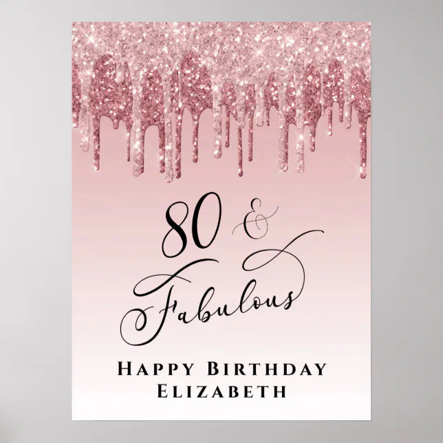 Pink Rose Gold Glitter 80th Birthday Party Poster | Zazzle