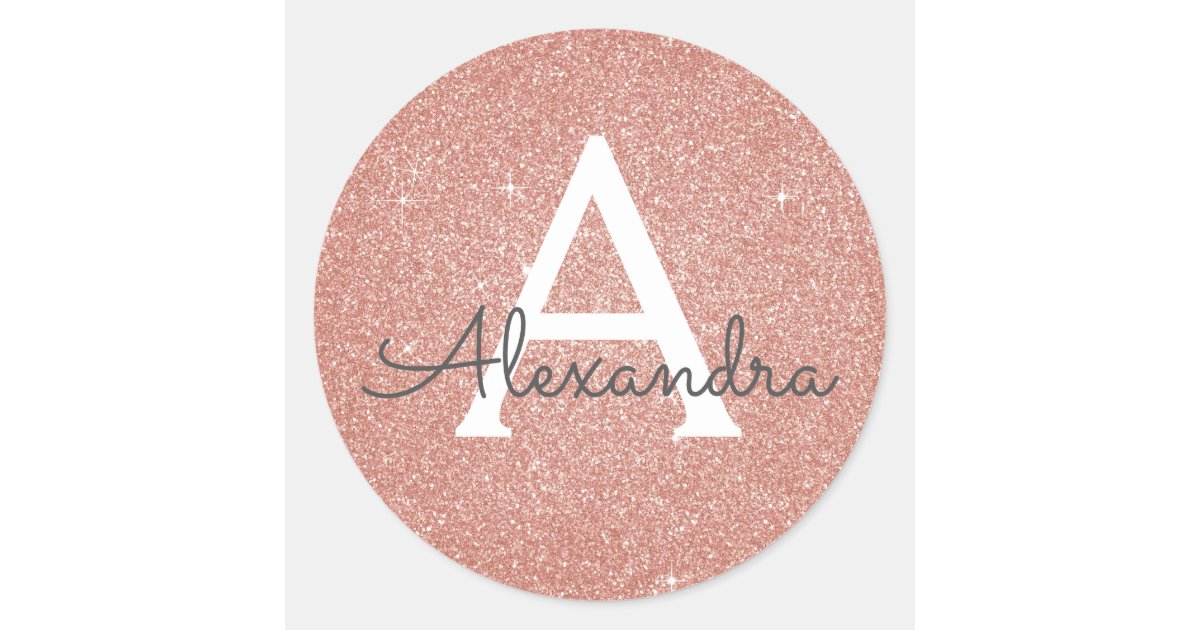Pink Rose Gold Glitter and Sparkle Monogram Classic Round Sticker | Zazzle