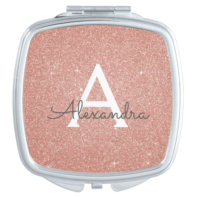 Pink Rose Gold Glitter and Sparkle Monogram Compact Mirror | Zazzle