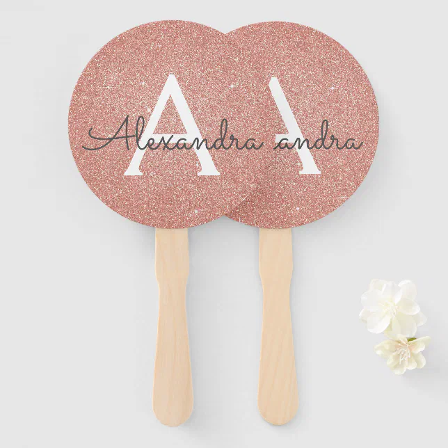 Pink Rose Gold Glitter and Sparkle Monogram Hand Fan | Zazzle